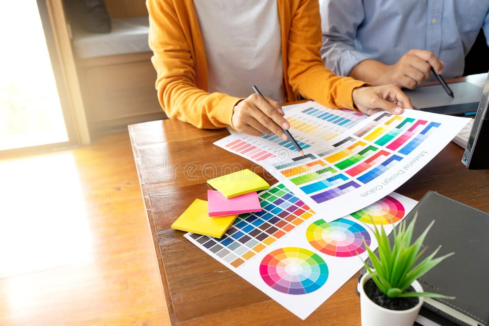 Team Work for Graphic Design Working on Wood Table Stock Photo - Image ...