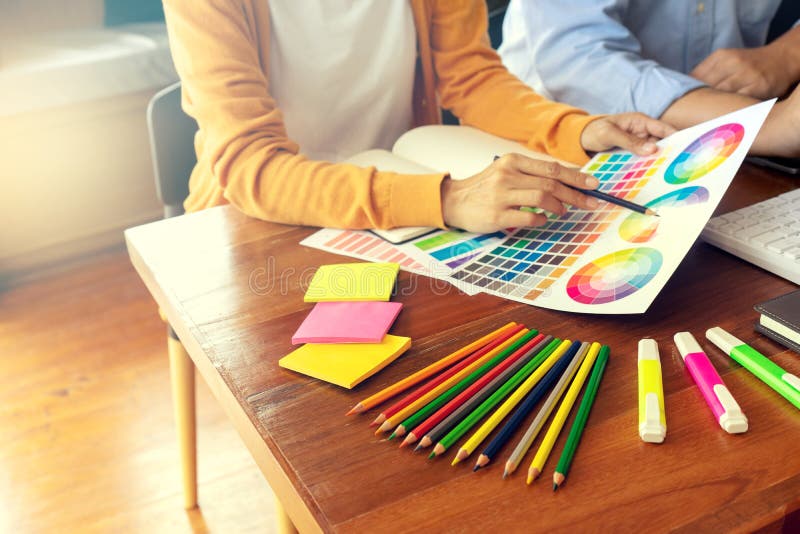 Team Work for Graphic Design Working on Wood Table Stock Photo - Image ...