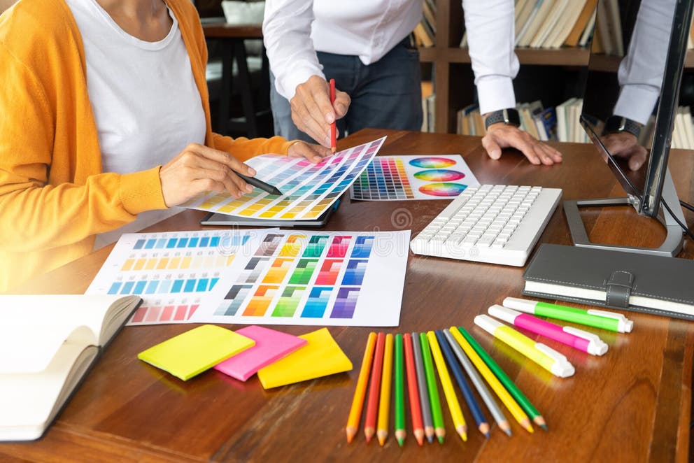 Team Work for Graphic Design Working on Wood Stock Image - Image of ...