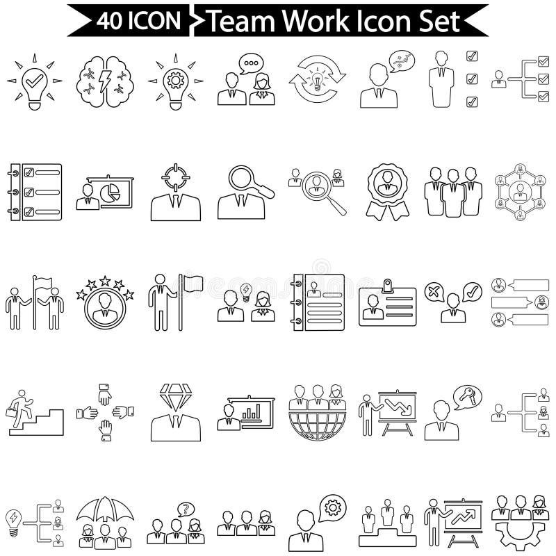 Team Work Icon Set in Outline Style Stock Vector - Illustration of ...