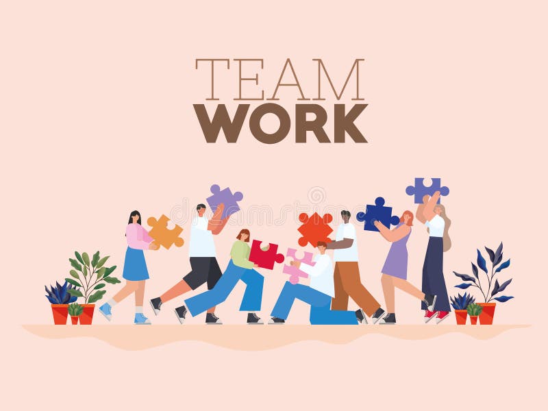 Team Work Lettering and Group of People with Puzzle Pieces Stock Vector ...