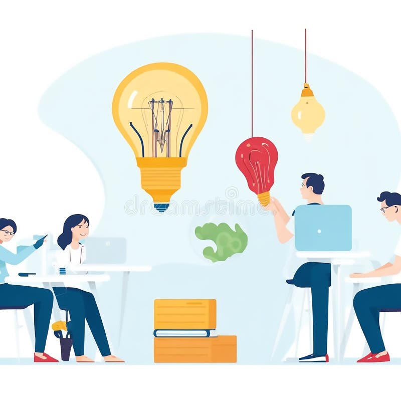 Team work with 4 persons stock illustration. Illustration of bulb ...