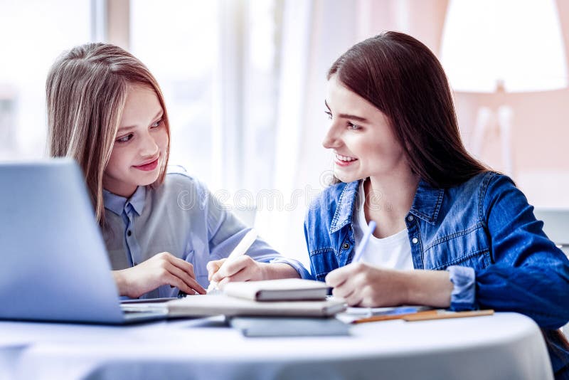 Jolly Two Girls Having First Team Project Stock Photo - Image of casual ...