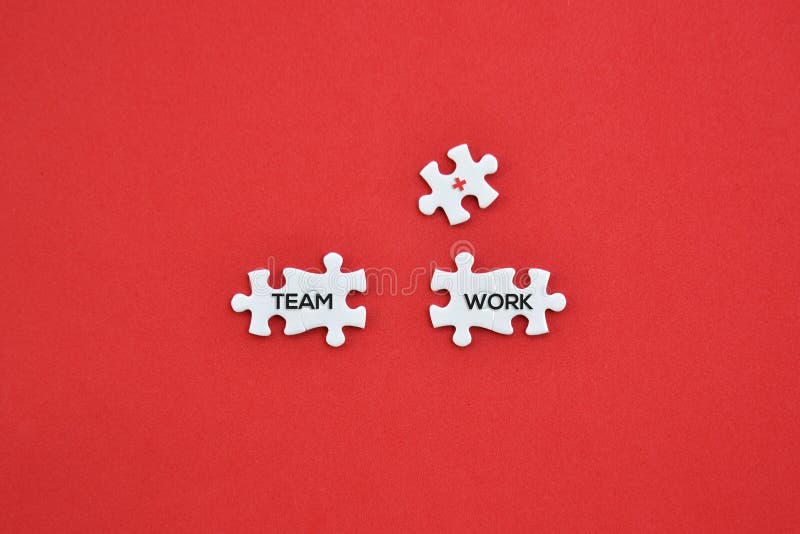 `Team, Work and Plus Symbol` Word on White Puzzles with Red Background ...