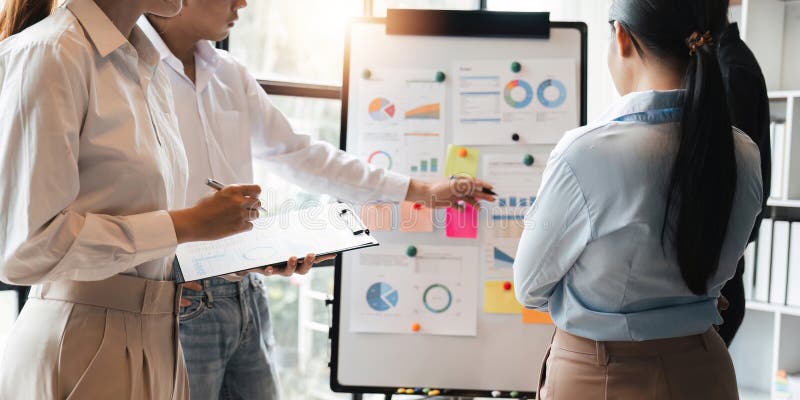 Team Work Process. Marketing Strategy Brainstorming on Board. Paperwork ...