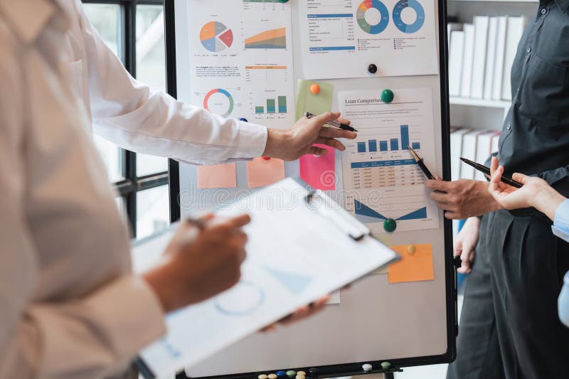 Team Work Process. Marketing Strategy Brainstorming on Board. Paperwork ...