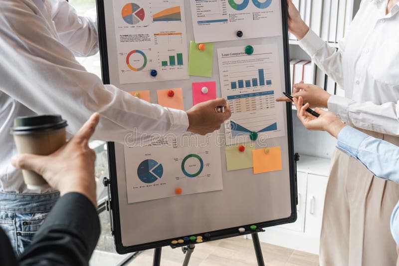 Team Work Process. Marketing Strategy Brainstorming on Board. Paperwork ...