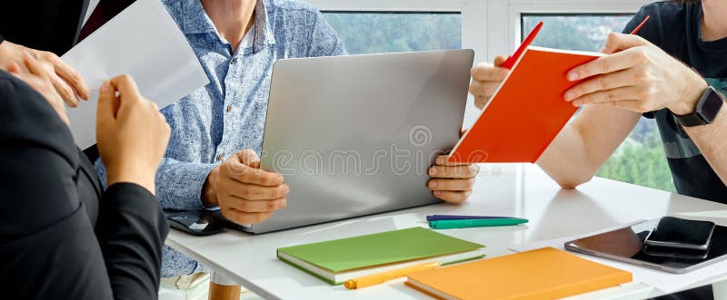 Team Work at the Table Notebook Laptop Tablet Phone Stock Image - Image ...