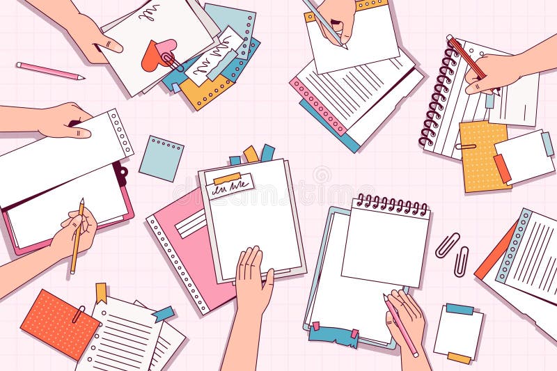 Team Work Table View. Working Group with Colleagues at Desk, Group ...