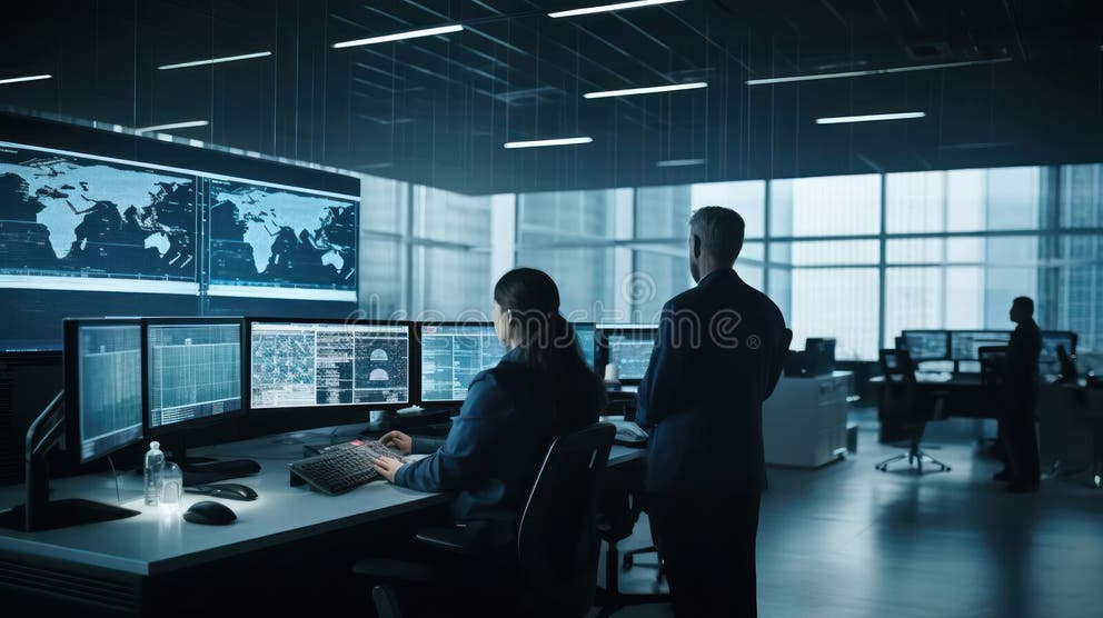 A Team of Workers Analyzing Data on Large Screens in a Conference Room ...