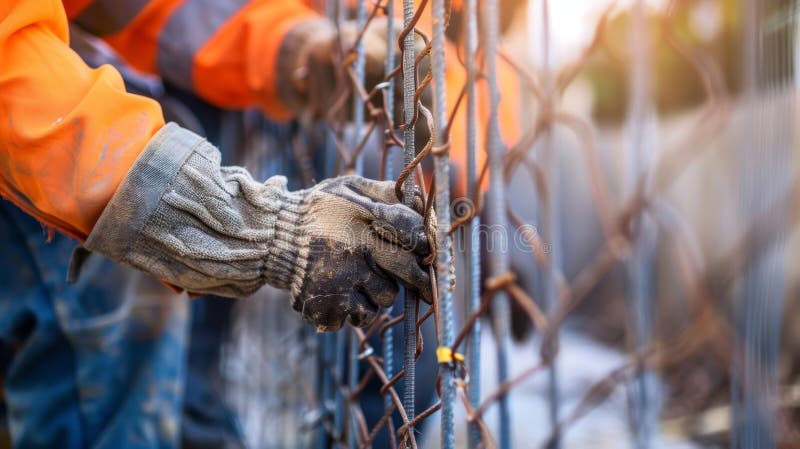A Team of Workers Carefully Assembling a Temporary Fencing System To ...