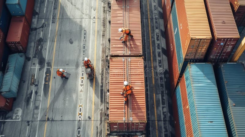 A Team of Workers is Carefully Loading and Securing Containers Onto a ...