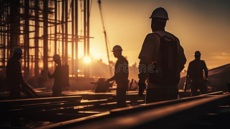 A Team of Workers at Dawn at a Construction Site Stock Illustration ...