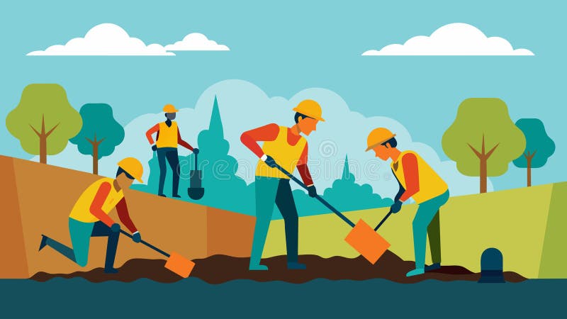 A Team of Workers Digging Deep Trenches To Place Underground Pipes for ...