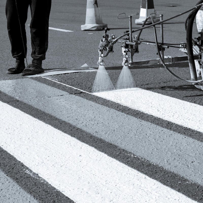 Road Workers Use Hot-melt Scribing Machines To Painting Pedestrian ...