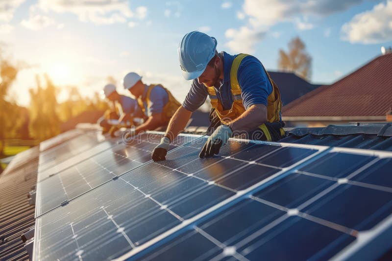 A Team of Workers Installing Solar Panels on Suburban Homes with Scenic ...