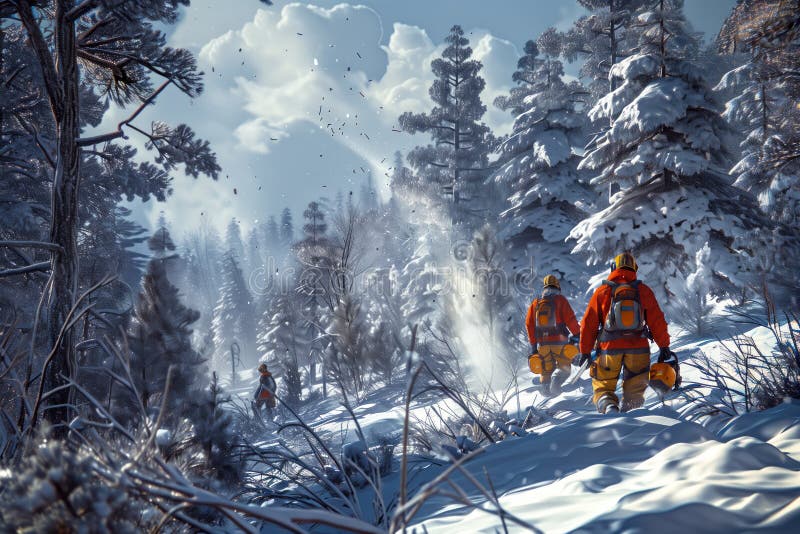 A Team of Workers in Orange Suits Uses Chainsaws To Cut Trees in a ...