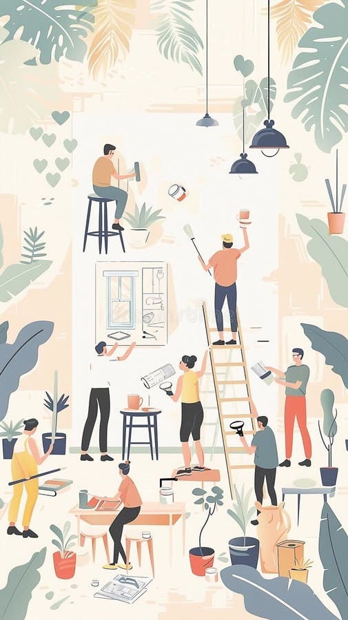 Team of Workers Painting Interior Walls with Tools and Blueprints in ...