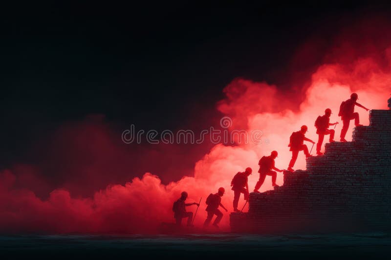 Team of Workers Pushing Against a Digital Wall in a Dramatic Lit ...