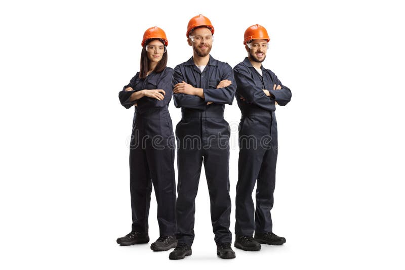 Team of Workers in Uniforms Wearing Helmets and Goggles Stock Photo ...