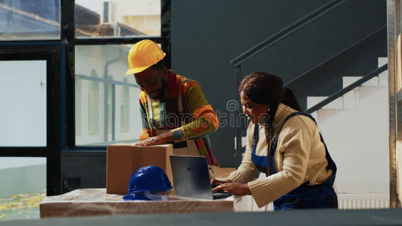 Team of Workers Using Racks and Shelves To Stack Boxes Stock Video ...