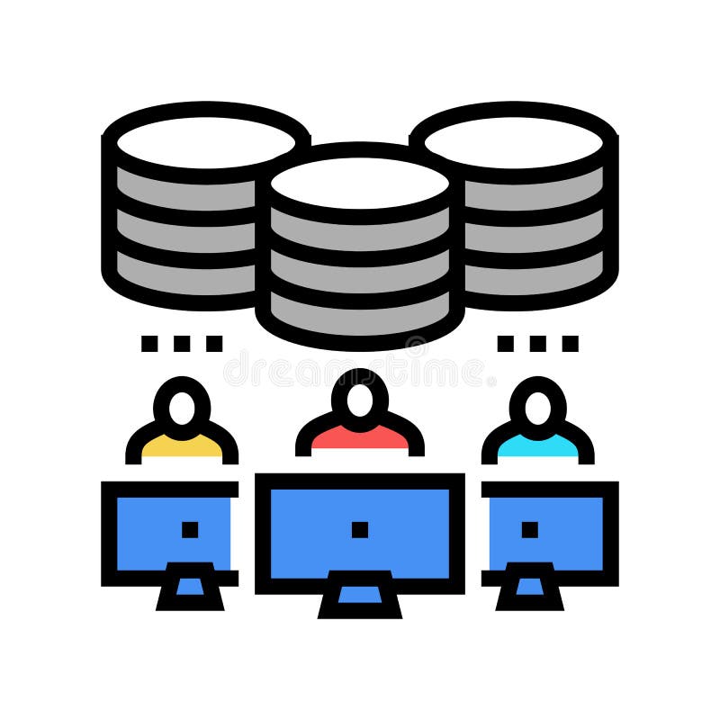 Team Working at Computers Digital Processing Color Icon Vector ...