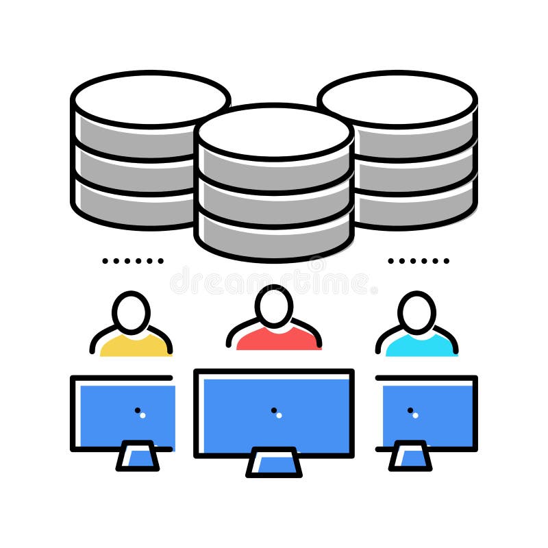 Team Working at Computers Digital Processing Color Icon Vector ...