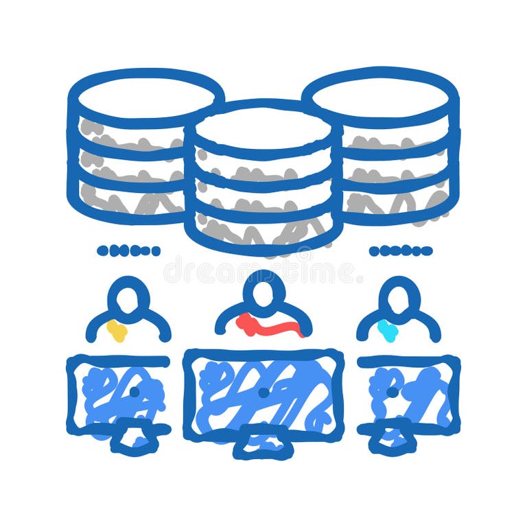 Team Working at Computers Digital Processing Icon Doodle Illustration ...