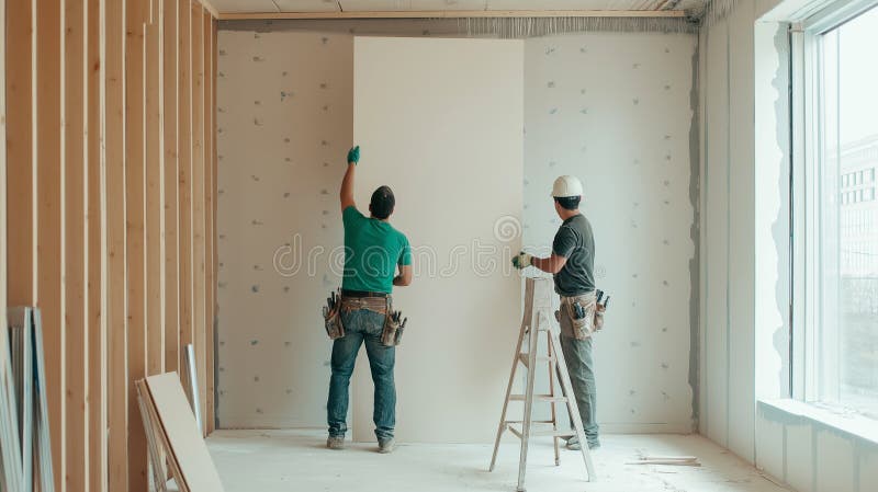 Team Works Collaboratively To Lift Drywall Sheet into Interior Wall ...