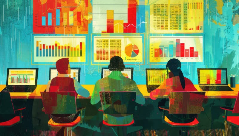 Team Analyzing Data Trends in a Modern Office with Multiple Screens ...