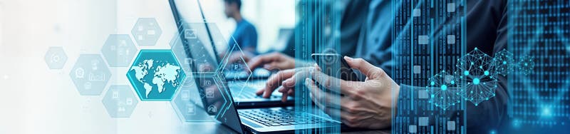 Team Works on Laptops, Phones. Global Network Connection Shown. Data ...