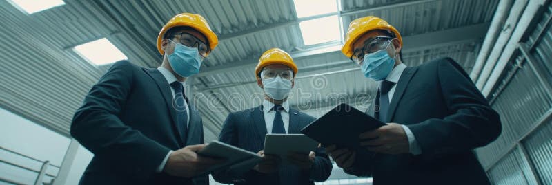 Team Works on Tablet at Workplace with Safety Protocol and ...