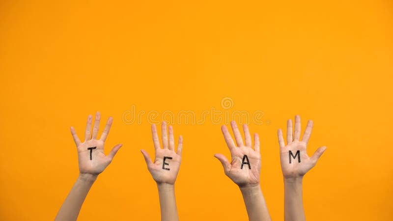 Team Written Palms on Orange Background, Unity Cooperation, Group ...