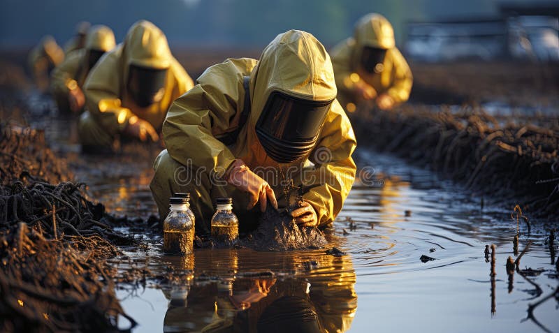 Team in Yellow Suits Working in Water Stock Illustration - Illustration ...