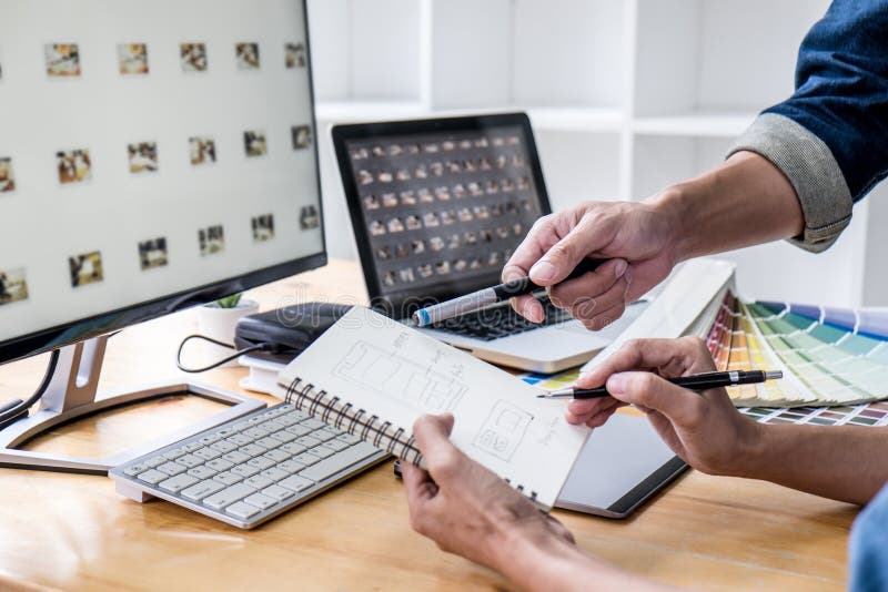 Team of Young Colleagues Creative Graphic Designer Working on Color ...