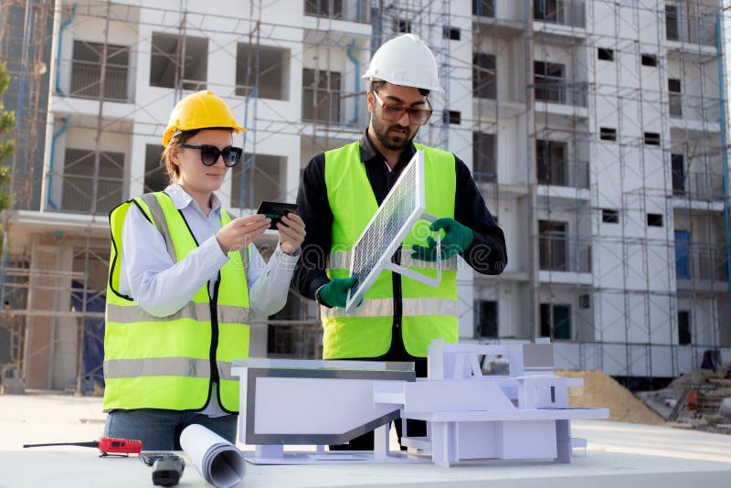 Team Young Engineer or Architect Meeting and Planning Installation Solar Panel at Construction ...