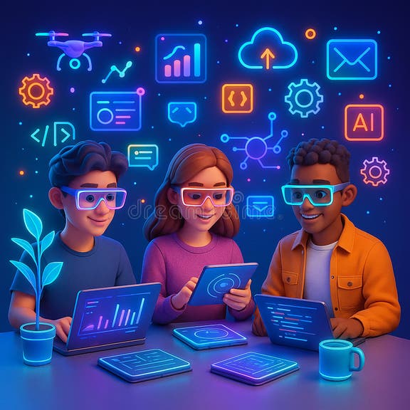 Team of Young Programmers Working on Laptops in Futuristic Setting 2 Stock Illustration ...