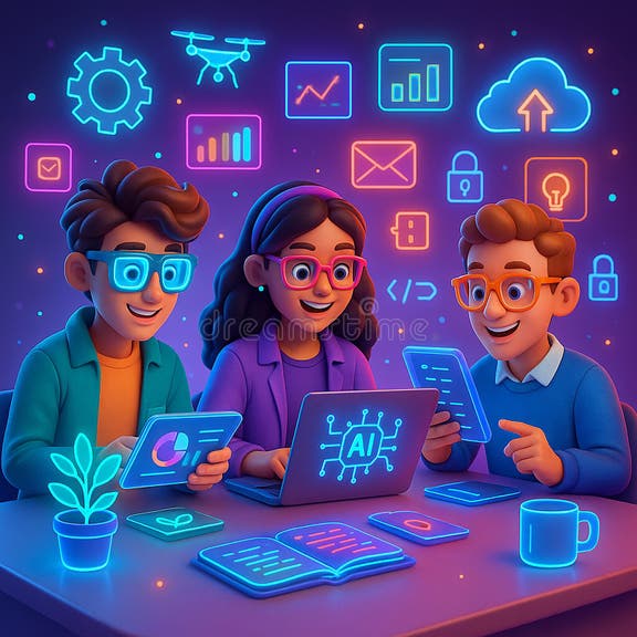 Team of Young Programmers Working on Laptops in Futuristic Setting ...