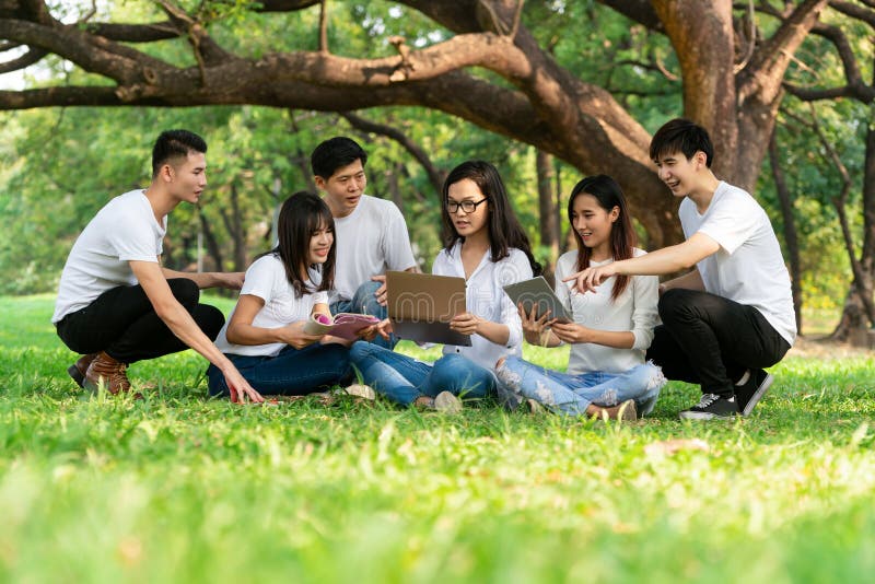 Team of Young Students Studying in the Park. Stock Image - Image of ...