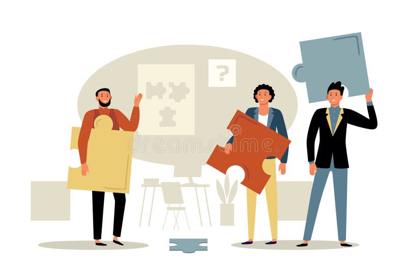 Teams Working on Project. Colleagues Holding Puzzles, Office Workers ...