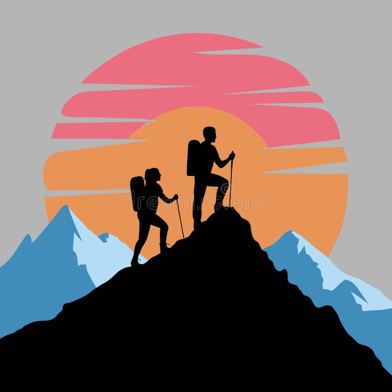 Teamwork Achievement Symbolized with Two Hikers Climbing a Mountain ...