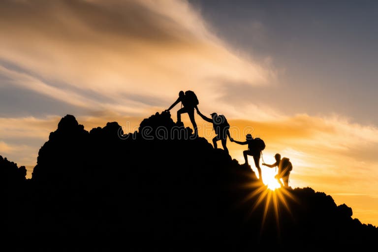 Teamwork Ascends: Inspiring Silhouette of Hikers Reaching Summit at ...