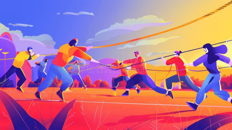 Teamwork Banner with Employees Pulling Ropes in Tug of War Competition ...