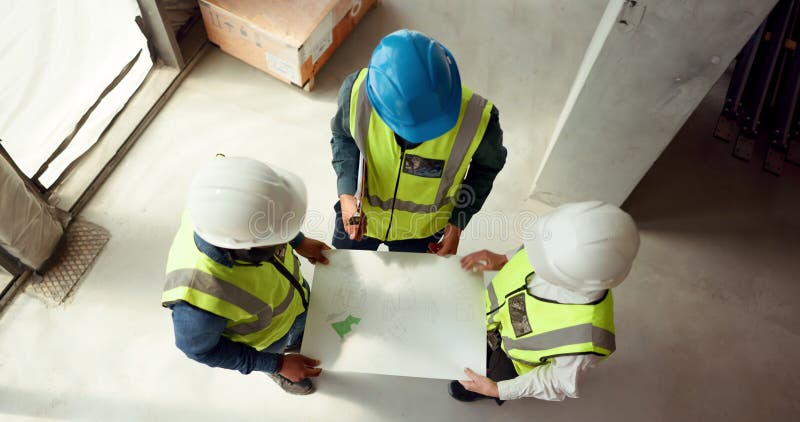 Teamwork, Blueprint and Top View of Engineering Planning, Collaboration ...