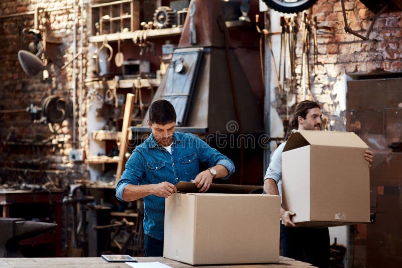 Business People, Tape and Men with Box, Teamwork and Delivery with Courier, Supply Chain or ...