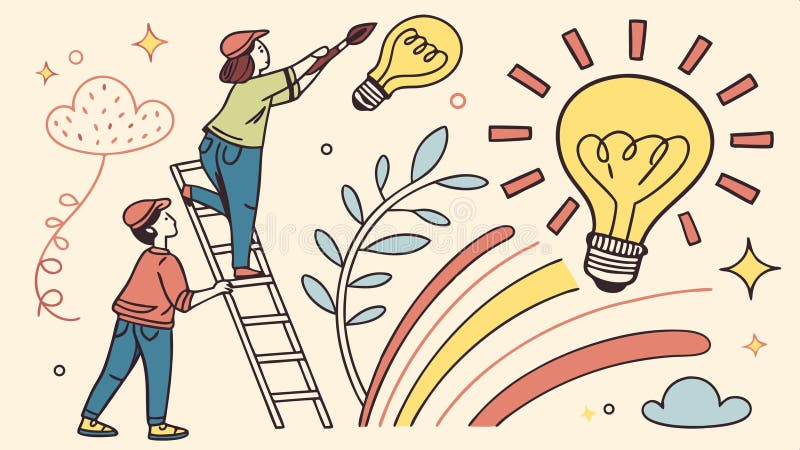 Teamwork Brainstorming with Light Bulb Idea and Ladder Collaboration ...