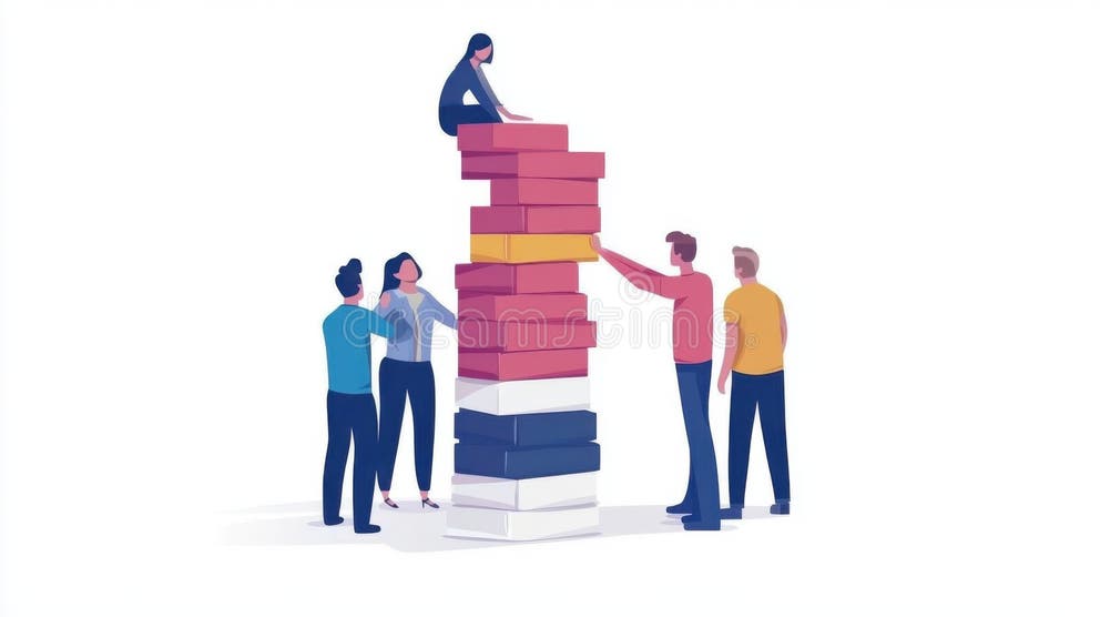 Teamwork Builds Success: Four People Constructing a Tower of ...