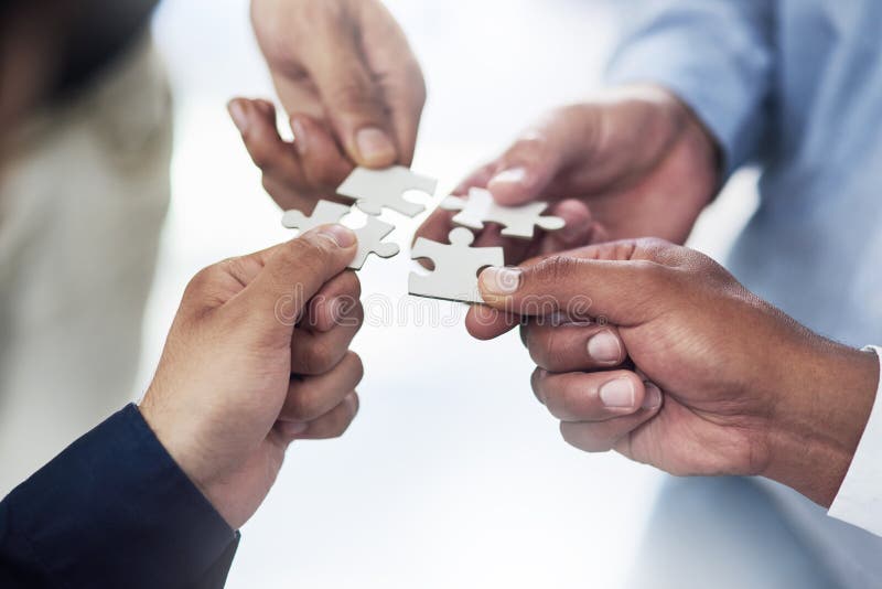 Teamwork, Business and Hands of People with Puzzle for Unity or Collaboration with Joint Effort ...