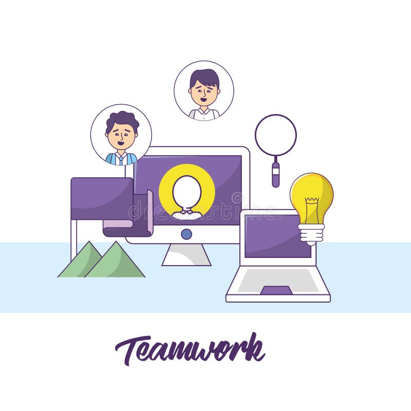 Teamwork Businessmen with Computer Information and Bulb Idea Stock ...