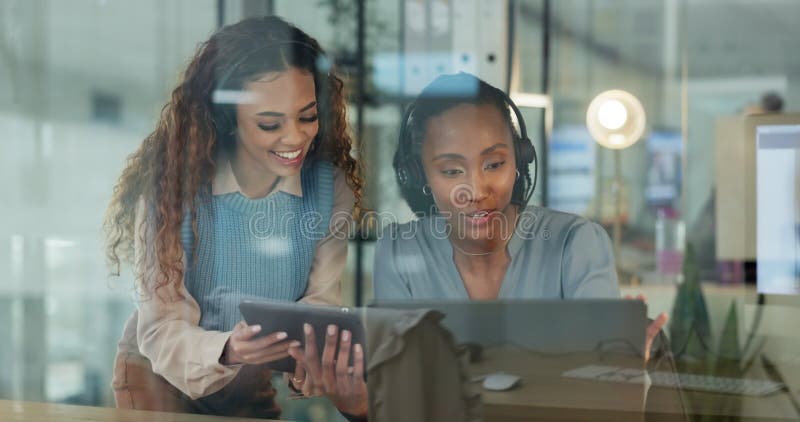 Teamwork, Call Center and Women on Computer and Tablet for Customer ...